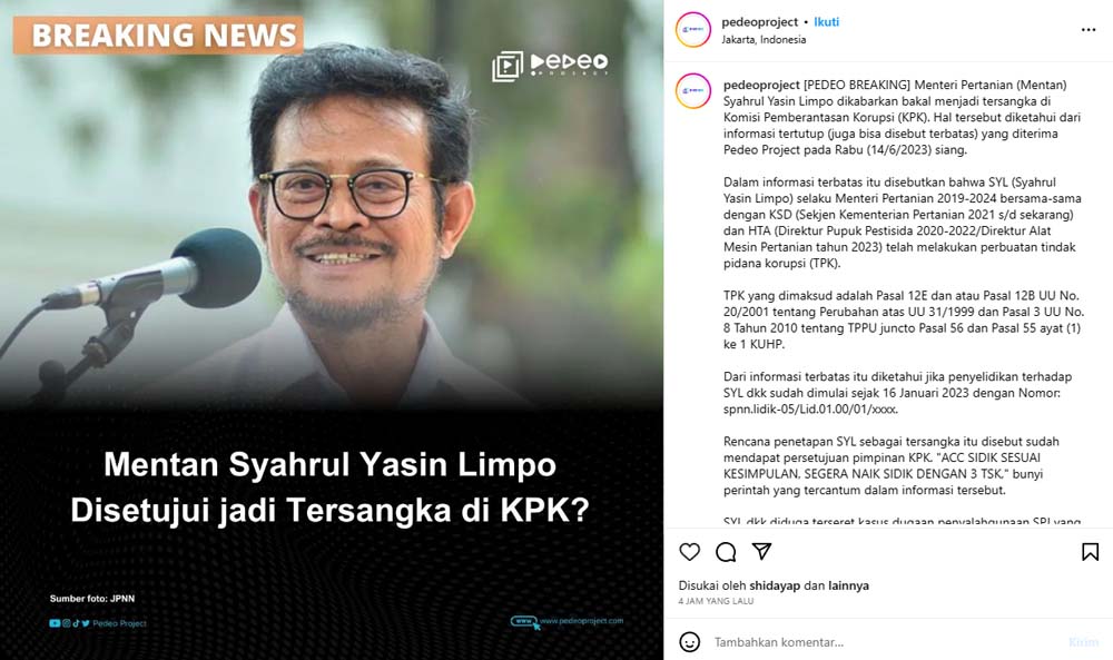 Kabar Syarul Yasin Limpo Terseret Korupsi di Kementan, Berikut Penjelasan Jubir KPK - Kabariku
